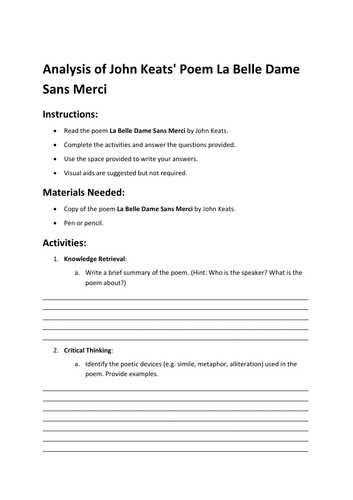 Analysis of John Keats' Poem La Belle Dame Sans Merci | Teaching Resources