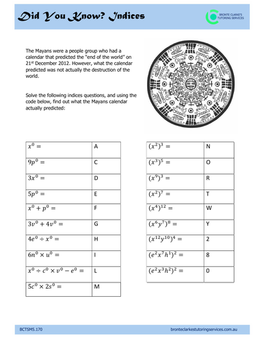 Did You Know? Indices Code Activity with Answers | Teaching Resources