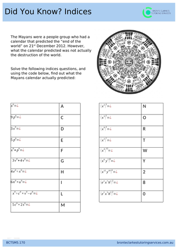 Did You Know? Indices Code Activity with Answers | Teaching Resources
