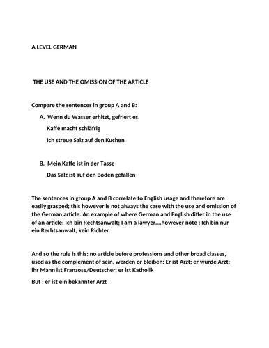 GERMAN A LEVEL revision notes the use and the omission of the article ...