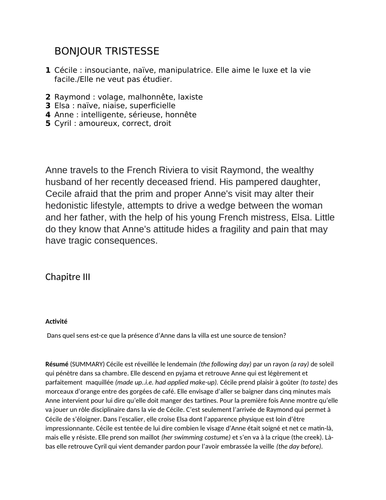 French A LEVEL revision notes on Bonjour Tristesse | Teaching Resources
