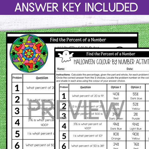 Halloween Find the Percent of a Number Color by Number Activity ...