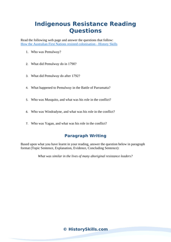 Indigenous Australian Resistance to Colonisation Reading Questions ...