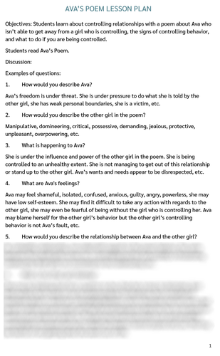 Relationships - Controlling Relationship Poem and Lesson Plan (US ...