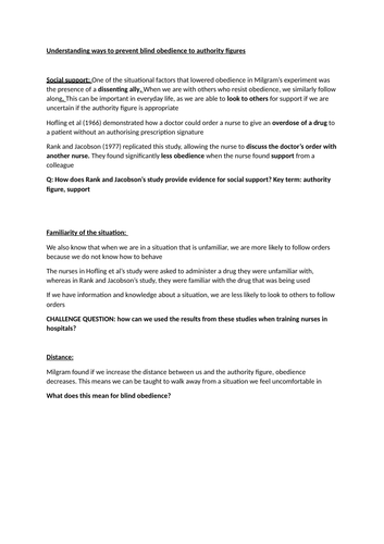 GCSE Edexcel Psychology ways to prevent blind obedience | Teaching ...