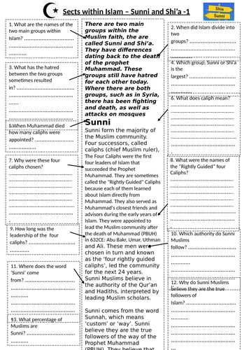 RS AQA A GCSE Islam Sunni Shi'a literacy / revision / guided read ...