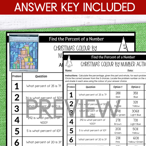 Christmas Find the Percent of a Number Color by Number Activity ...