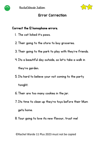 Correct the homophone errors their your its | Teaching Resources