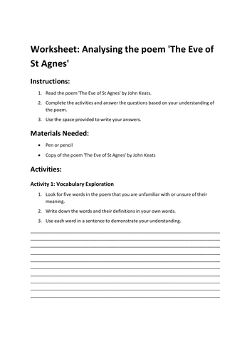 Worksheet: Analysing the poem 'The Eve of St Agnes' by John Keats ...