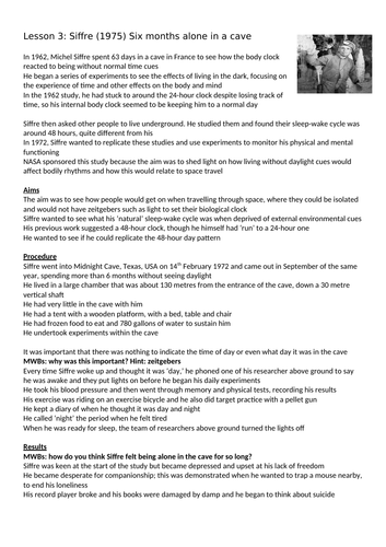 GCSE Edexcel Psychology Siffre's study | Teaching Resources