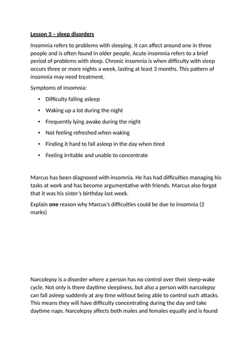 GCSE Edexcel Psychology sleep disorders | Teaching Resources