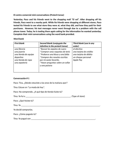 El centro comercial mini conversations (Preterit tense) | Teaching ...