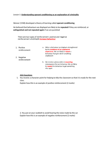 GCSE Edexcel Psychology operant conditioning | Teaching Resources