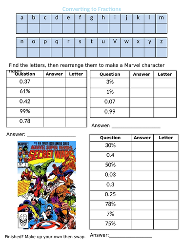 Converting Decimals and Percentages to Fractions Codebreaker | Teaching ...