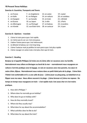 Year 8 French Cover Worksheet - Holidays Present tense | Teaching Resources