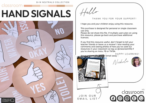 B+W NEUTRALS Hand Signals | Neutral Classroom Decor | Teaching Resources