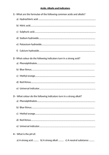 Acids, Alkalis, Indicator Colours and Formulae | Teaching Resources