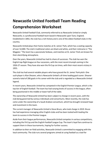 Newcastle United Football Team Reading Comprehension Worksheet ...