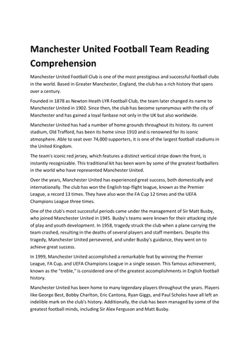 Manchester United Football Team Reading Comprehension | Teaching Resources