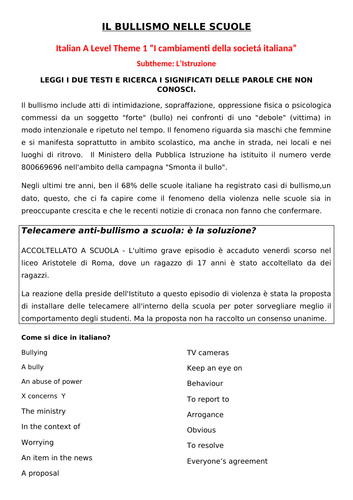 Italia A Level Theme 1 Istruzione - Bullismo nelle scuole -Bullying in ...