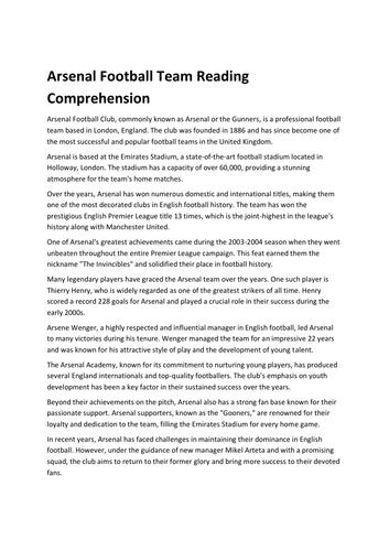 Arsenal Football Team Reading Comprehension | Teaching Resources