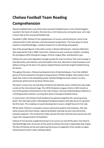 Chelsea Football Team Reading Comprehension | Teaching Resources