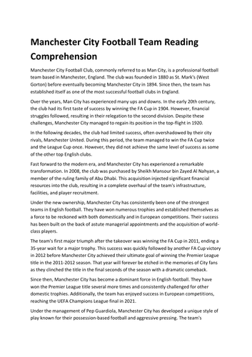 Manchester City Football Team Reading Comprehension | Teaching Resources