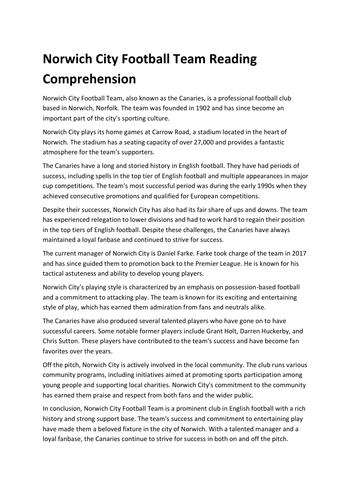 Norwich City Football Team Reading Comprehension | Teaching Resources