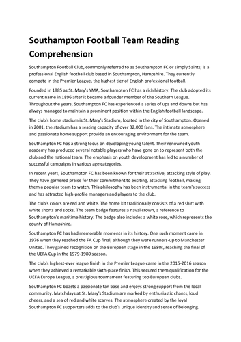 Southampton Football Team Reading Comprehension | Teaching Resources