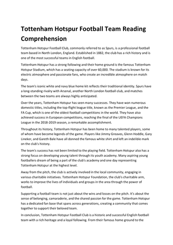 Tottenham Hotspur Football Team Reading Comprehension | Teaching Resources