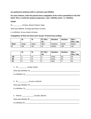 Los quehaceres sentences with ir a and tener que infinitive | Teaching ...