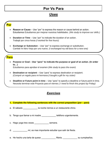 Spanish "Por Vs Para" Uses and Exercises | Teaching Resources