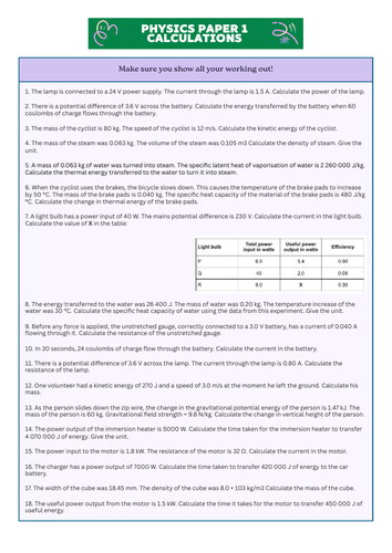 Physics Paper 1 Calculations | Teaching Resources