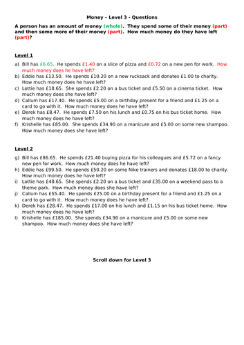 Money + - worded problems (decimals) | Teaching Resources