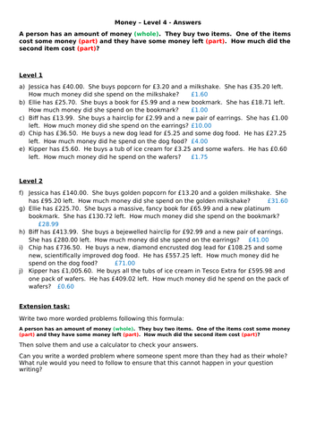 Money + - worded problems (decimals) | Teaching Resources