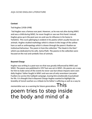 Level 9 Analysis of Bayonet Charge by Ted Hughes GCSE ENGLISH ...