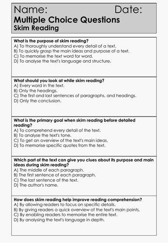 English Language - Skim Reading Worksheets and Independent Learning ...