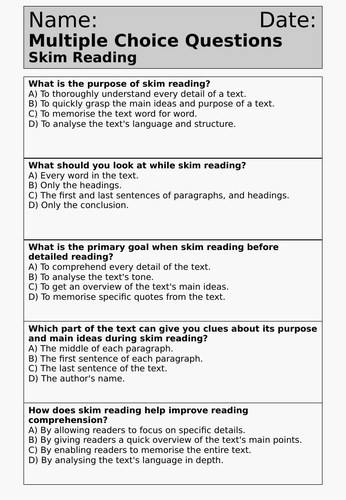 English Language - Skim Reading Worksheets and Independent Learning ...