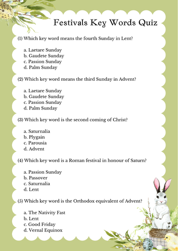 A-Level RS: Festivals Quiz Sheet - Eduqas Christianity | Teaching Resources