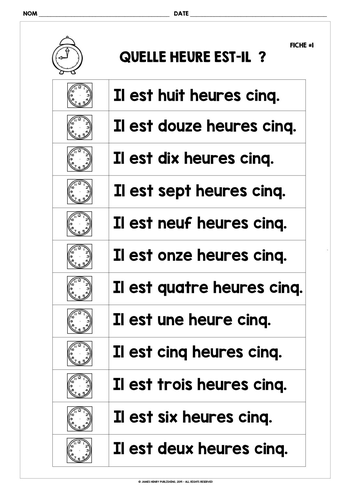 FRENCH TELLING THE TIME 5 PAST WORKSHEETS FREEBIE | Teaching Resources