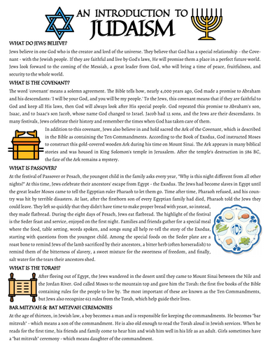 Judaism Reading Comprehension | Teaching Resources