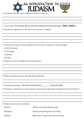 Judaism Reading Comprehension | Teaching Resources