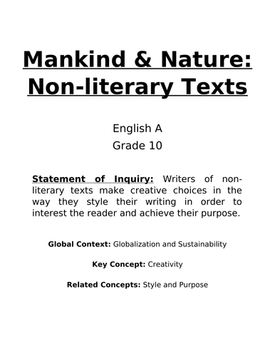 Mankind and Nature - Non-literary Works (MYP English A, Unit of Work ...