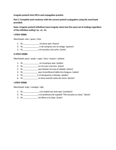 Irregular preterit intro fill in and conjugation practice | Teaching ...