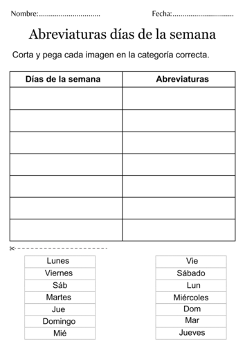 Abreviaturas días de la semana - Abbreviations days of the week in ...
