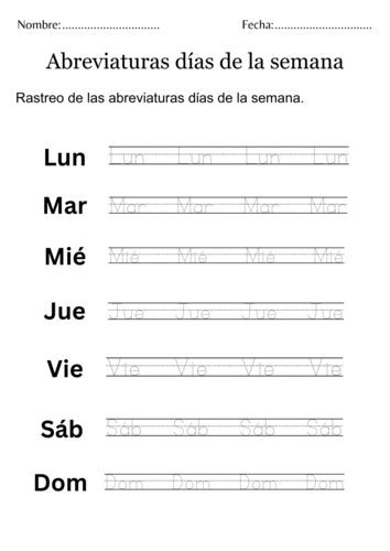 Abreviaturas días de la semana - Abbreviations days of the week in ...