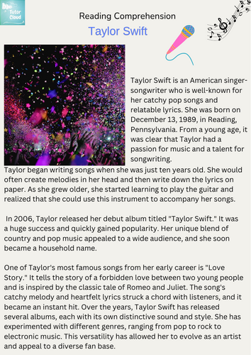 Taylor Swift Reading Comprehension Worksheet | Teaching Resources