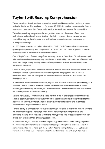 Taylor Swift Reading Comprehension | Teaching Resources