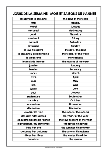 FRENCH DAYS MONTHS SEASONS LIST FREEBIE #2 | Teaching Resources