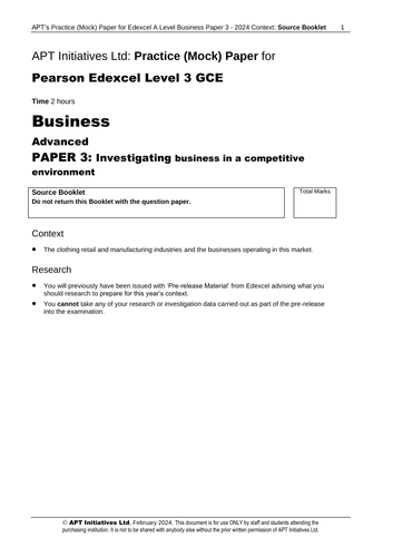 Practice Exam Paper for Edexcel A Level Business 2024 Paper 3 Context Clothing Retail ...